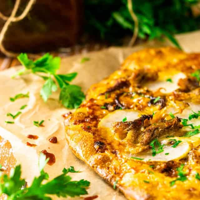 Pulled Pork BBQ Pizza With Potatoes and Caramelized Onions - Burrata ...